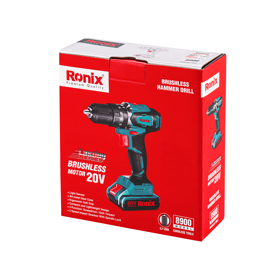 RONIX 20V Brushless Hammer Drill (with 2 20V 2.0Ah Battery and One 20V 2.2A Fast Charger)8900 -E ...